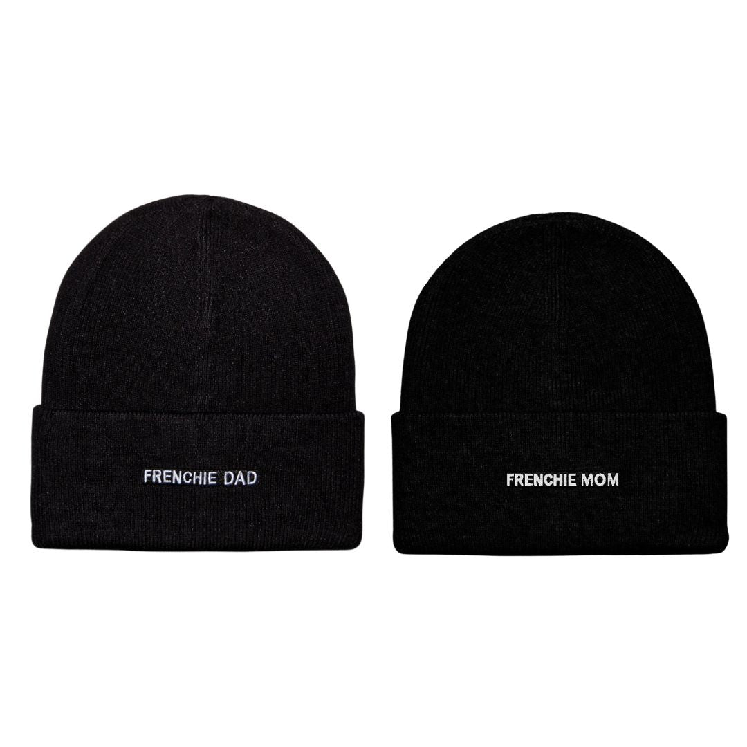Frenchie Mom & Frenchie Dad Embroidered Beanies – $22 each – the fig tree